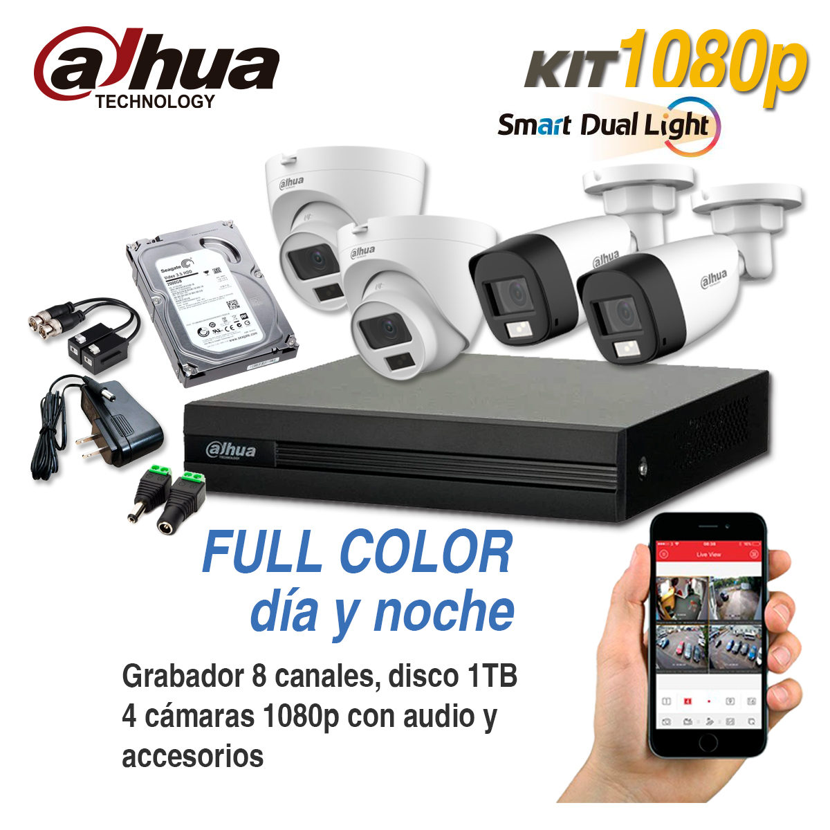 KIT DAHUA 1080P XVR 8 CANALES 2 DOMO 2 TUBO 1TB